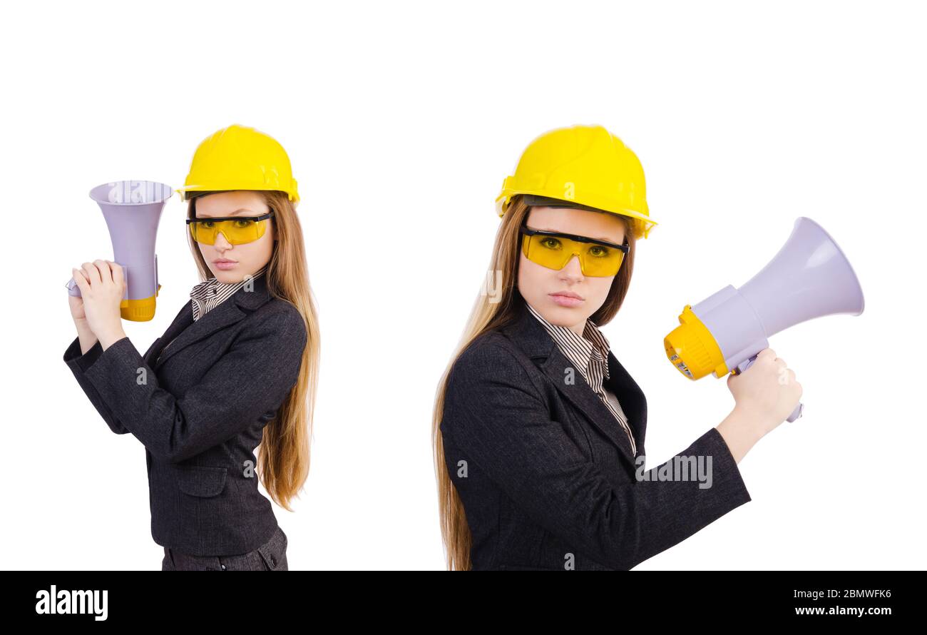 The female construction worker with loudspeaker isolated on white Stock ...