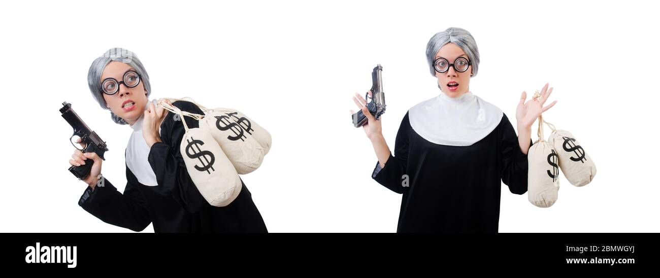 The comic nun isolated on white Stock Photo - Alamy