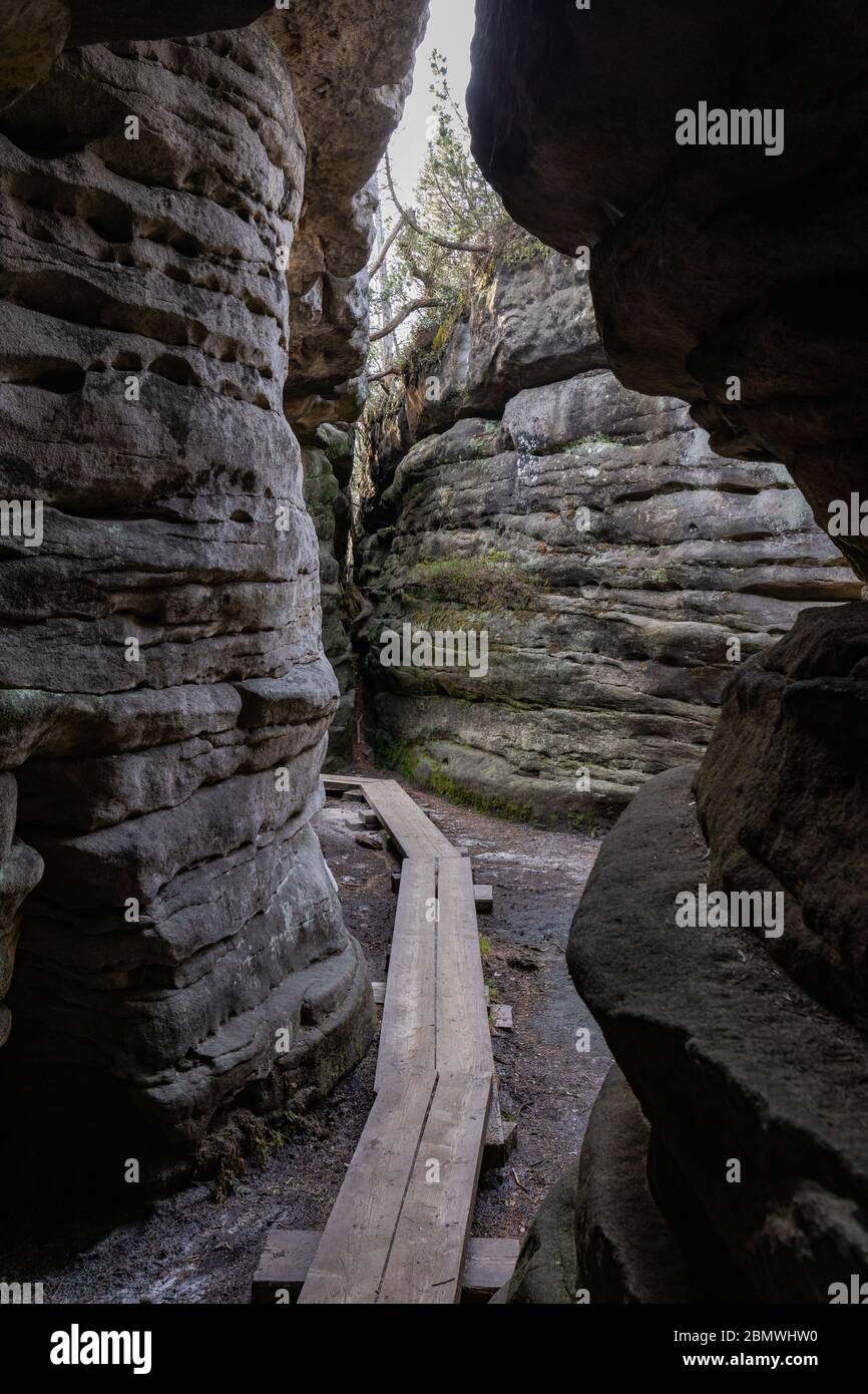 Stolowe Mountains National Park. Path in Rock Labyrinth hiking trail ...