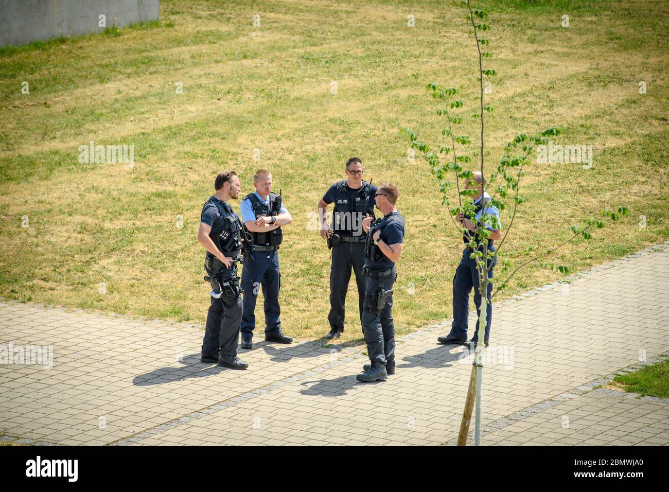 Lehl, Germany - May 9, 2020: Aerial view of Group of German Polizei ...