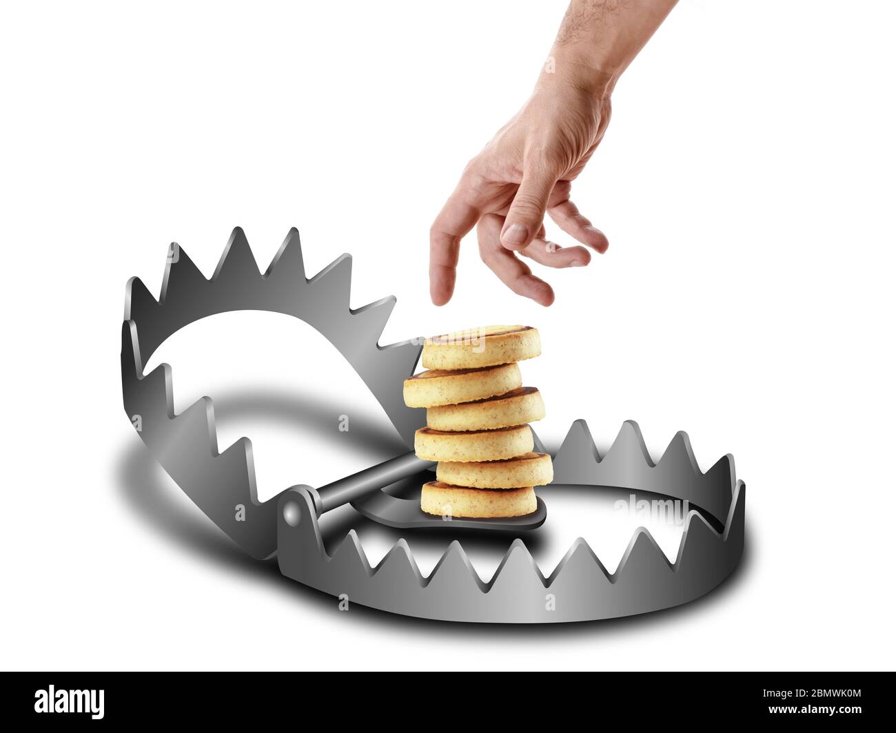 Male hand is going to pick stack of chocolate biscuits or cookies in ...