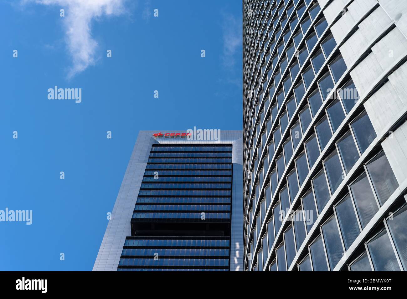 Madrid, Spain - May 10, 2020: Low angle view of office building in the ...