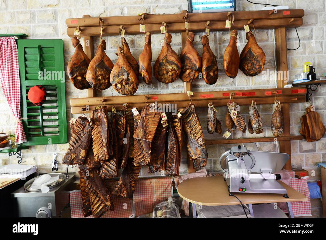 A local delicatessen selling Croatian ham cheese and cured meats Stock ...