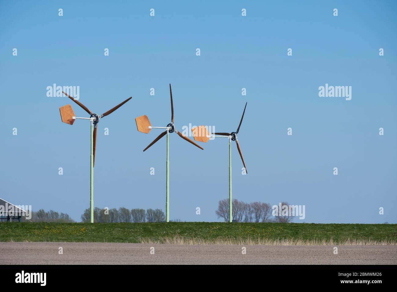 Groningen, the Netherlands - April 29 2020: Small wind turbines with ...