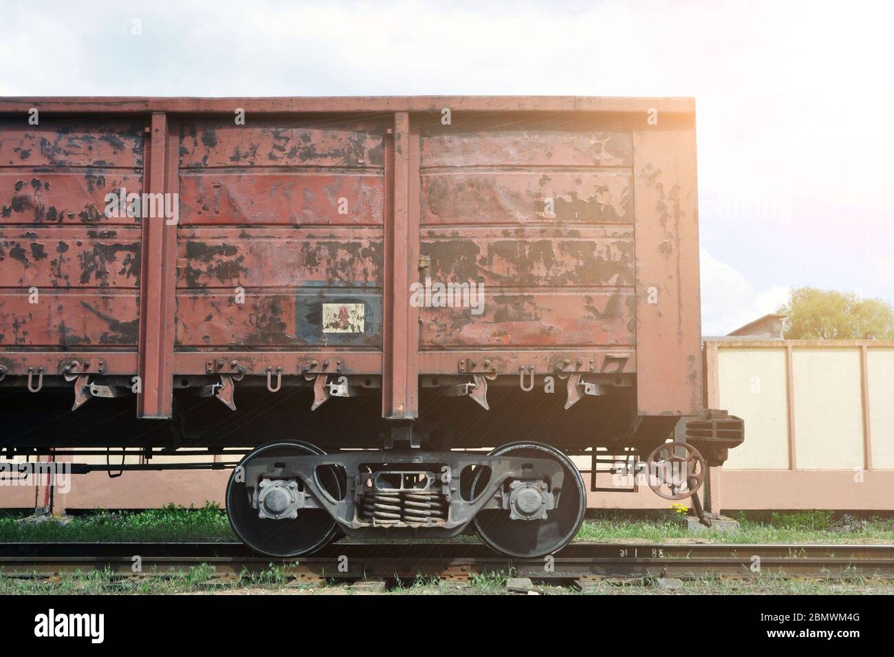 railway freight car on rails for the transport of industrial goods ...