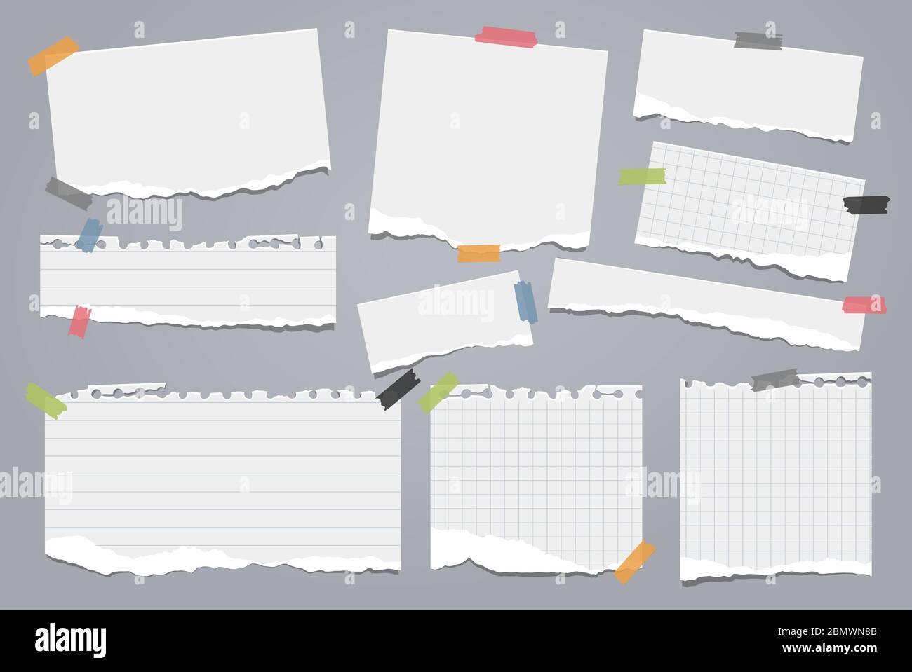 Pieces of white torn, ripped, lined note, notebook paper pieces with ...