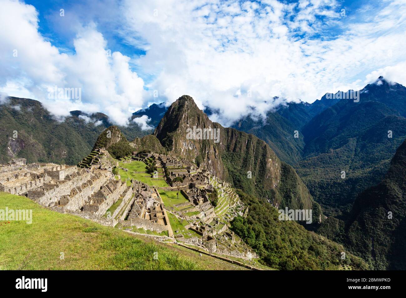 Classic view of Machu Picchu, Peru, UNESCO World Heritage Site, wide ...