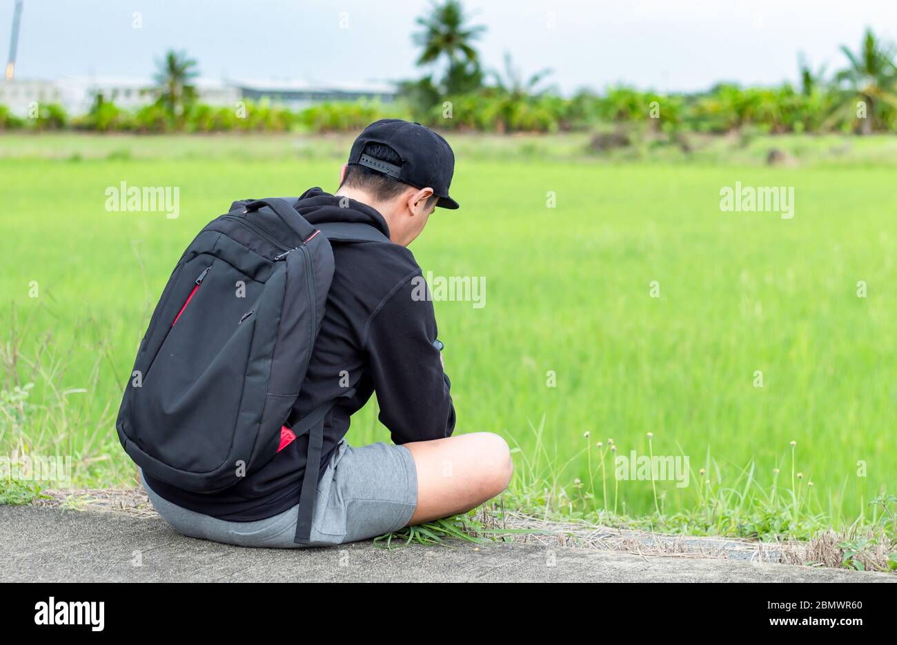 The man sitting on the road beside the rice fields Stock Photo - Alamy
