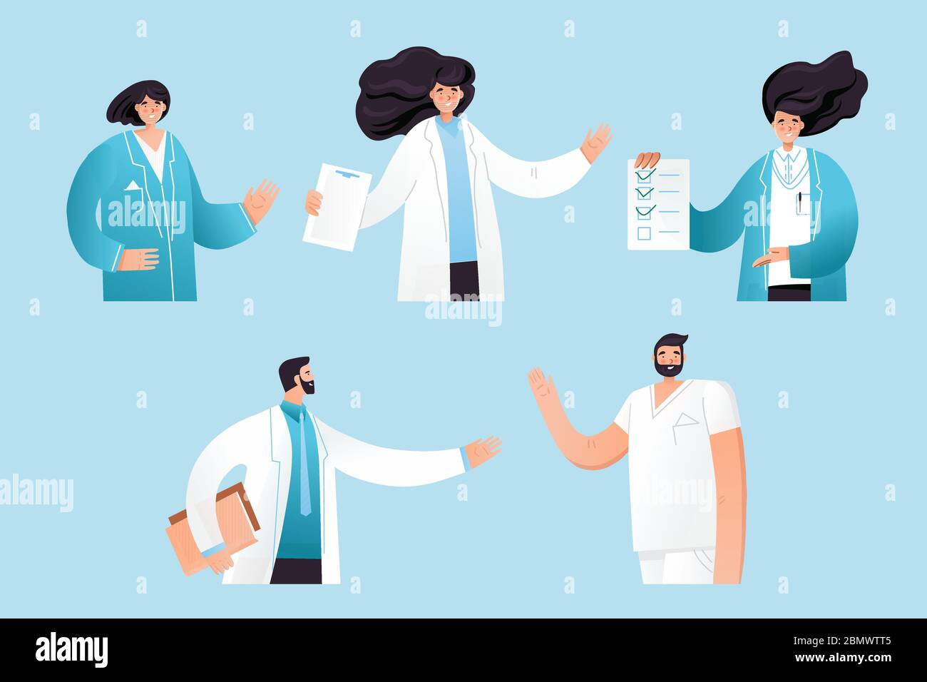 Vector flat illustration of professional medic team with pointing ...