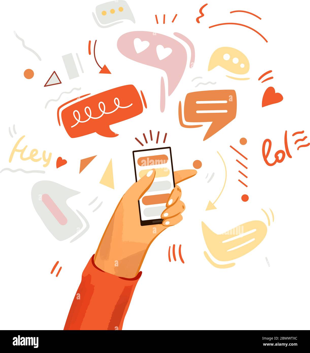 Hand with phone vector cartoon illustration. Smartphone with messenger ...