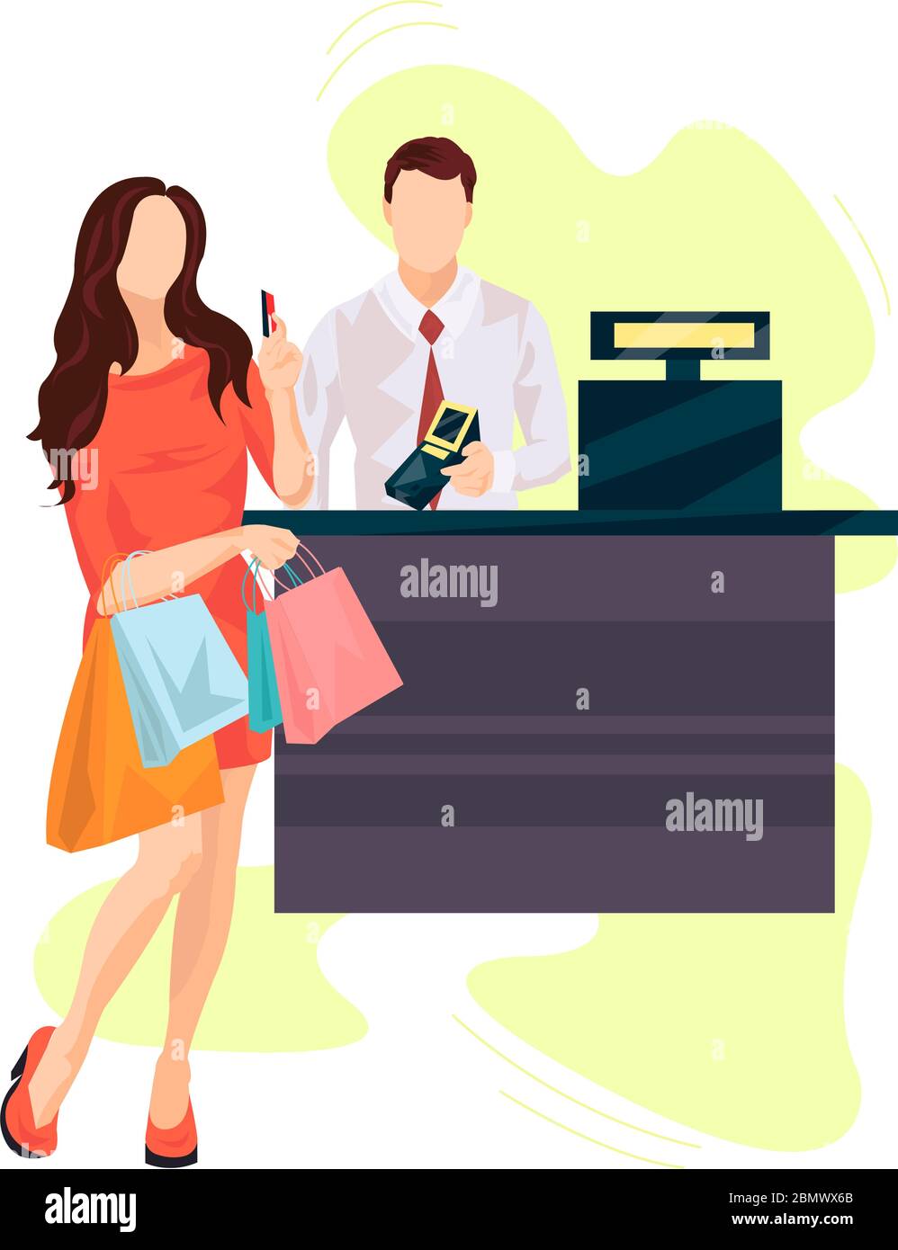 Girl At The Checkout Counter With Several Packages Pays With A Card ...