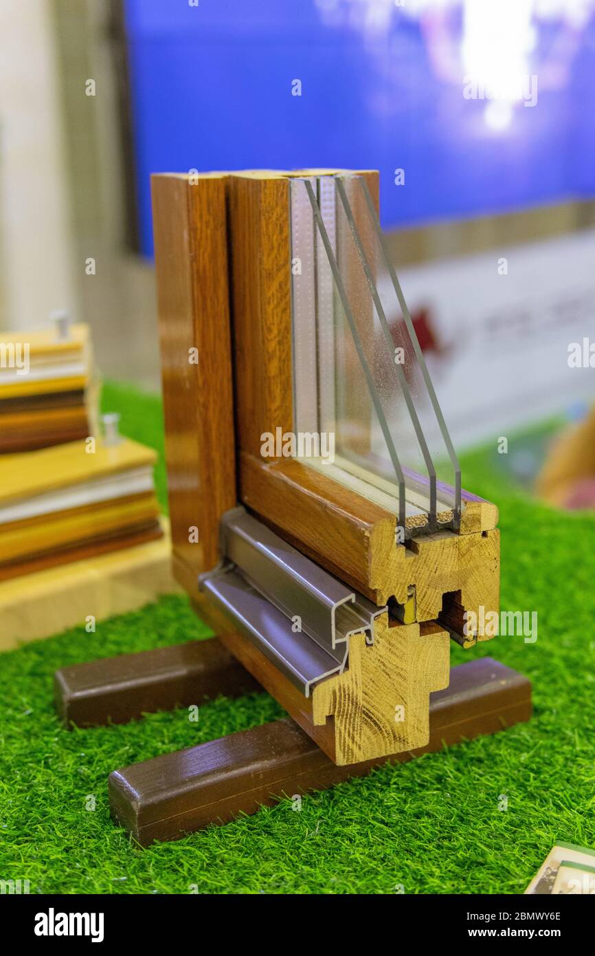 Wooden window profiles in section. Exhibition sample Stock Photo - Alamy
