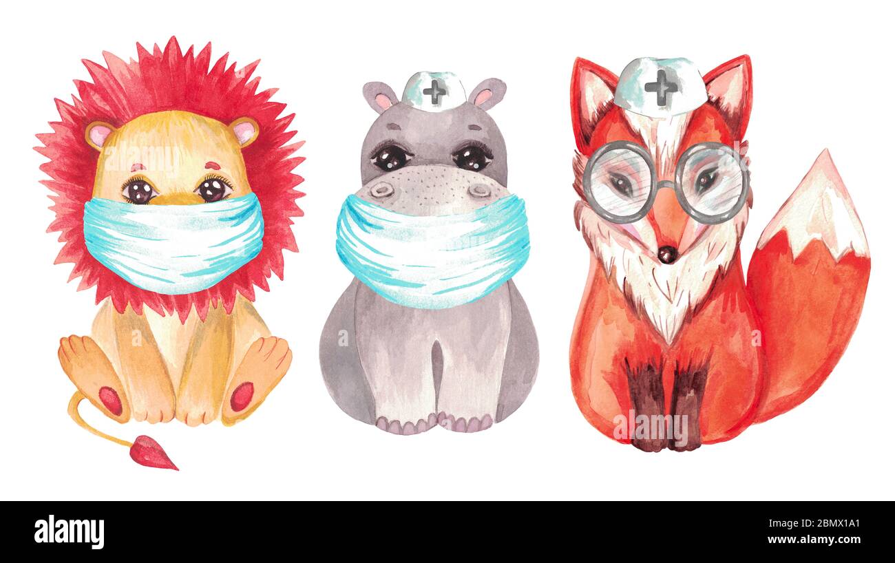Watercolor illustration of cute animals lion Fox Hippo in respiratory ...