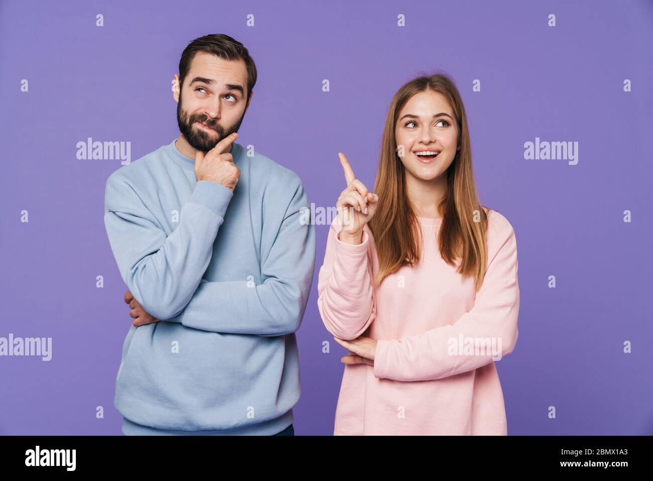 Picture of happy girl have an idea near thinking boyfriend isolated ...