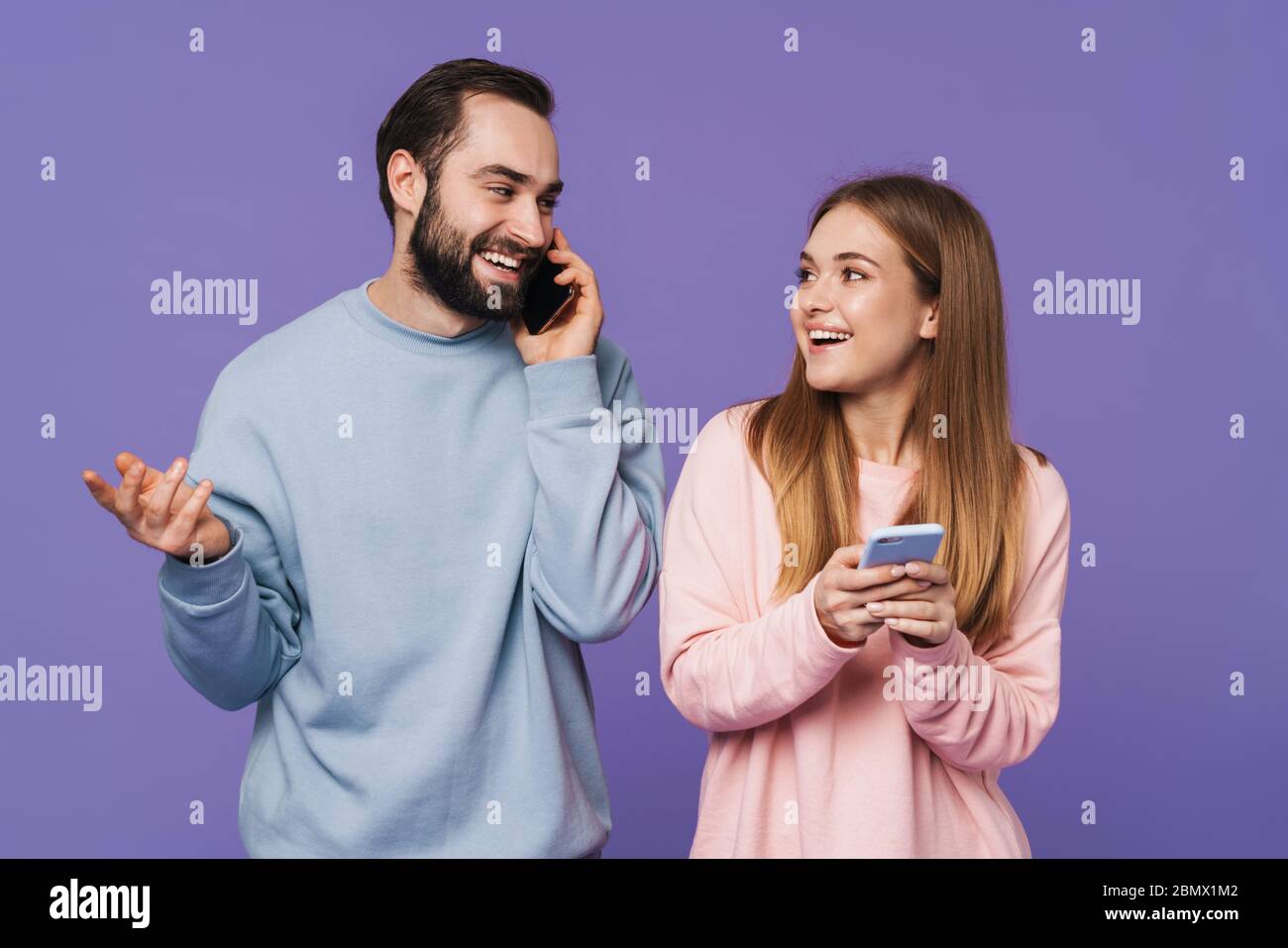 Image of positive optimistic loving couple isolated over purple ...