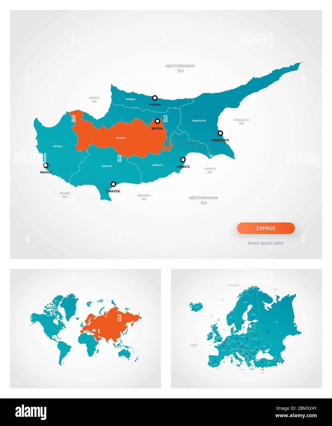 Editable template of map of Cyprus with marks. Cyprus on world map and ...