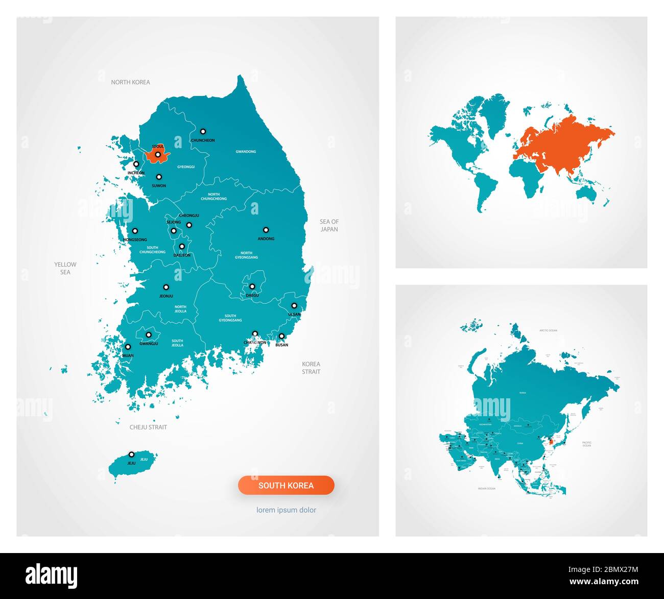 Editable template of map of South Korea with marks. South Korea on ...