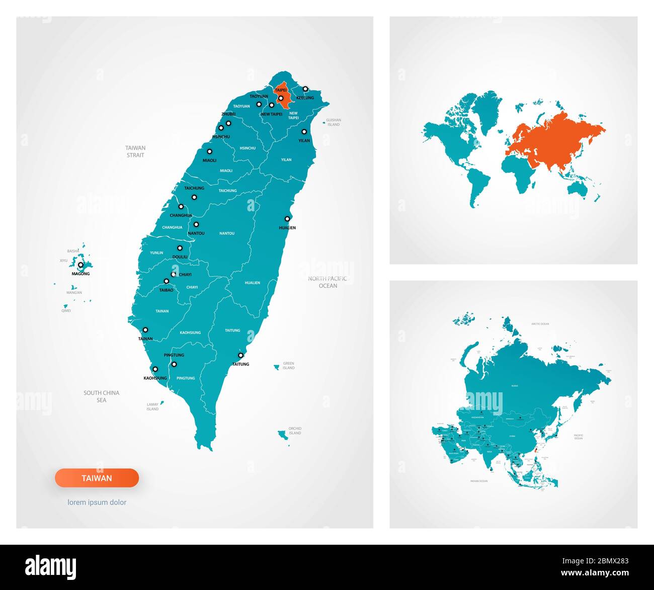 Editable template of map of Taiwan with marks.Taiwan on world map and ...