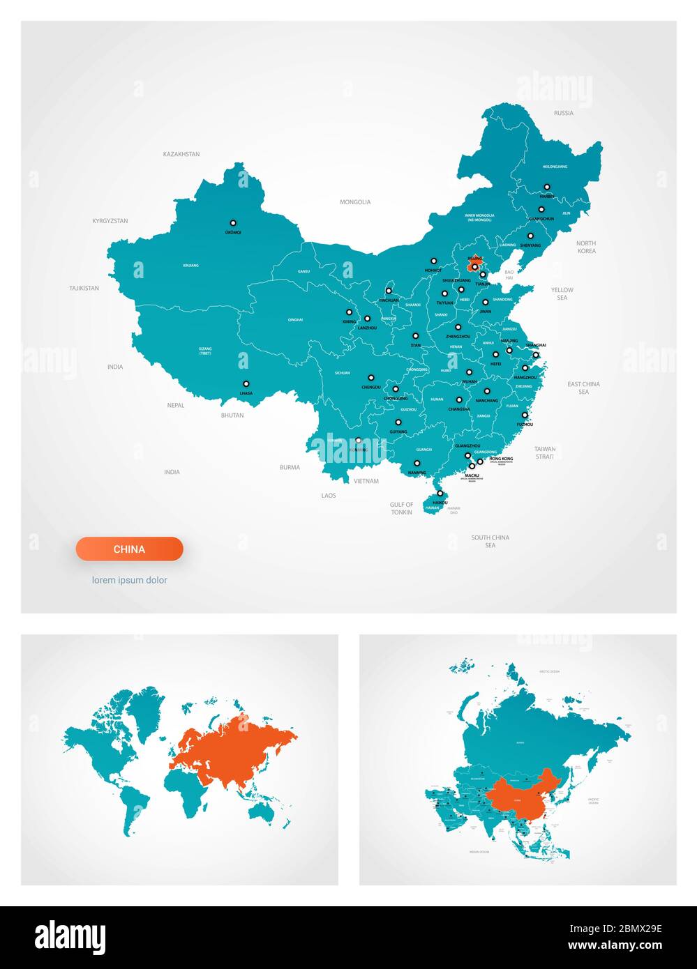 Editable template of map of China with marks. China on world map and on ...