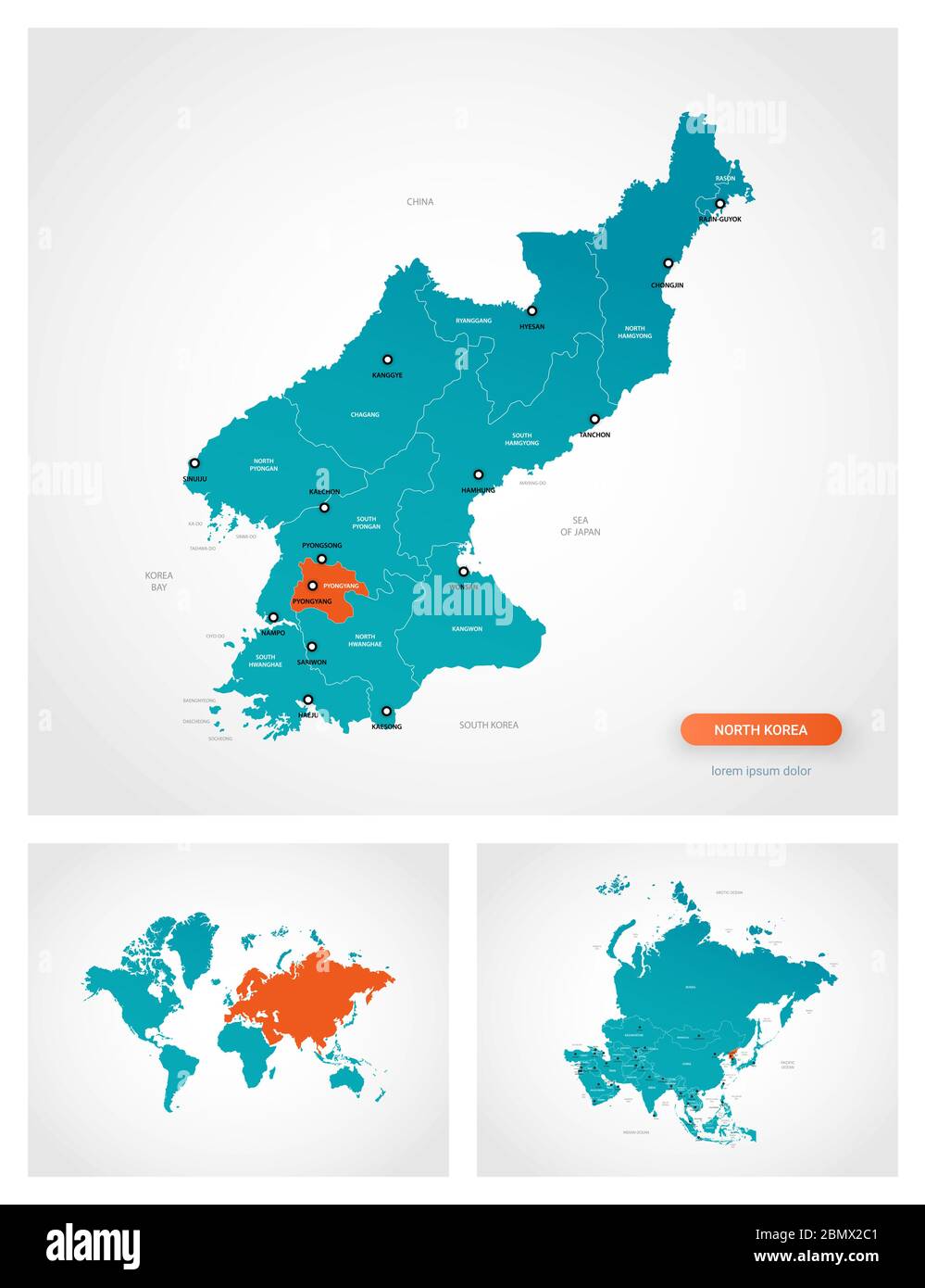 Editable template of map of North Korea with marks. North Korea on ...