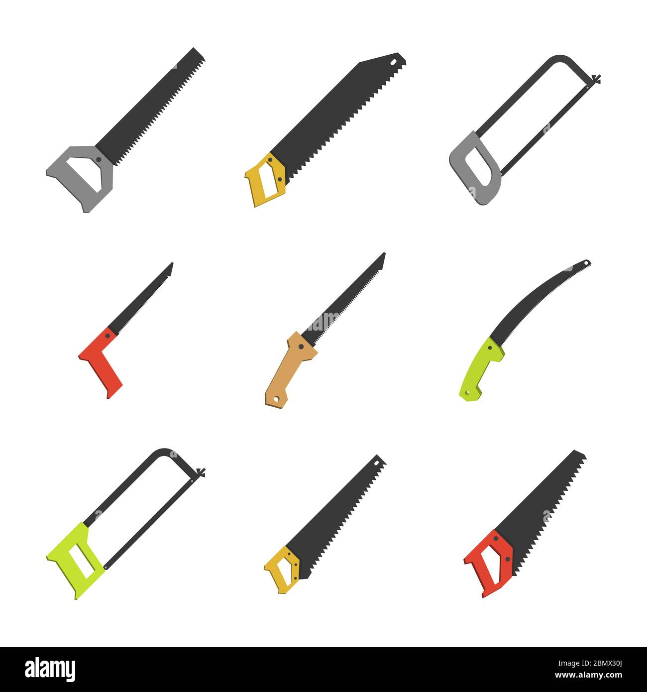 Set of various hacksaws and saws isolated on a white background. Flat ...
