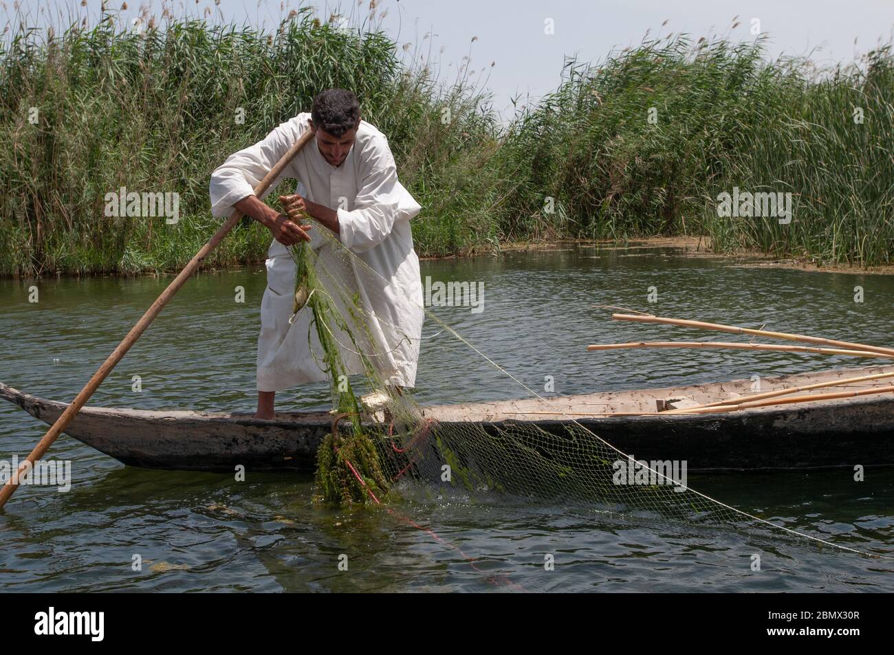 A Marsh Arab fisherman balances on his traditional boat (Mashoof ...