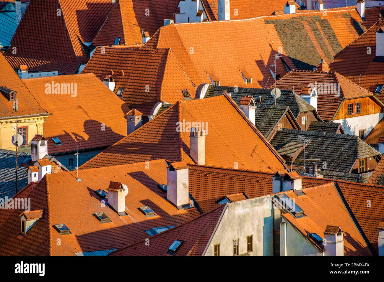 Aerial View Of Red And Brown Rooftops Of Old Buildings In Town Stock ...
