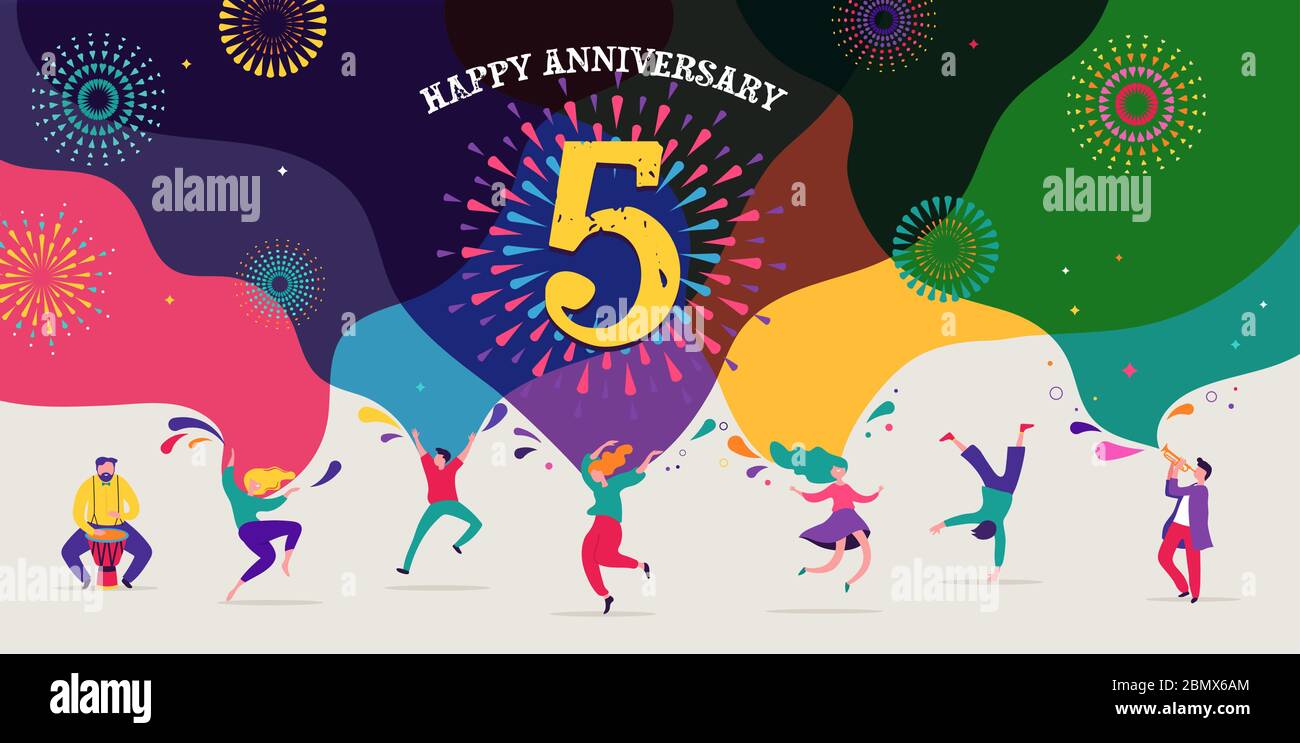 Anniversary celebration. Happy people dancing, playing music ...