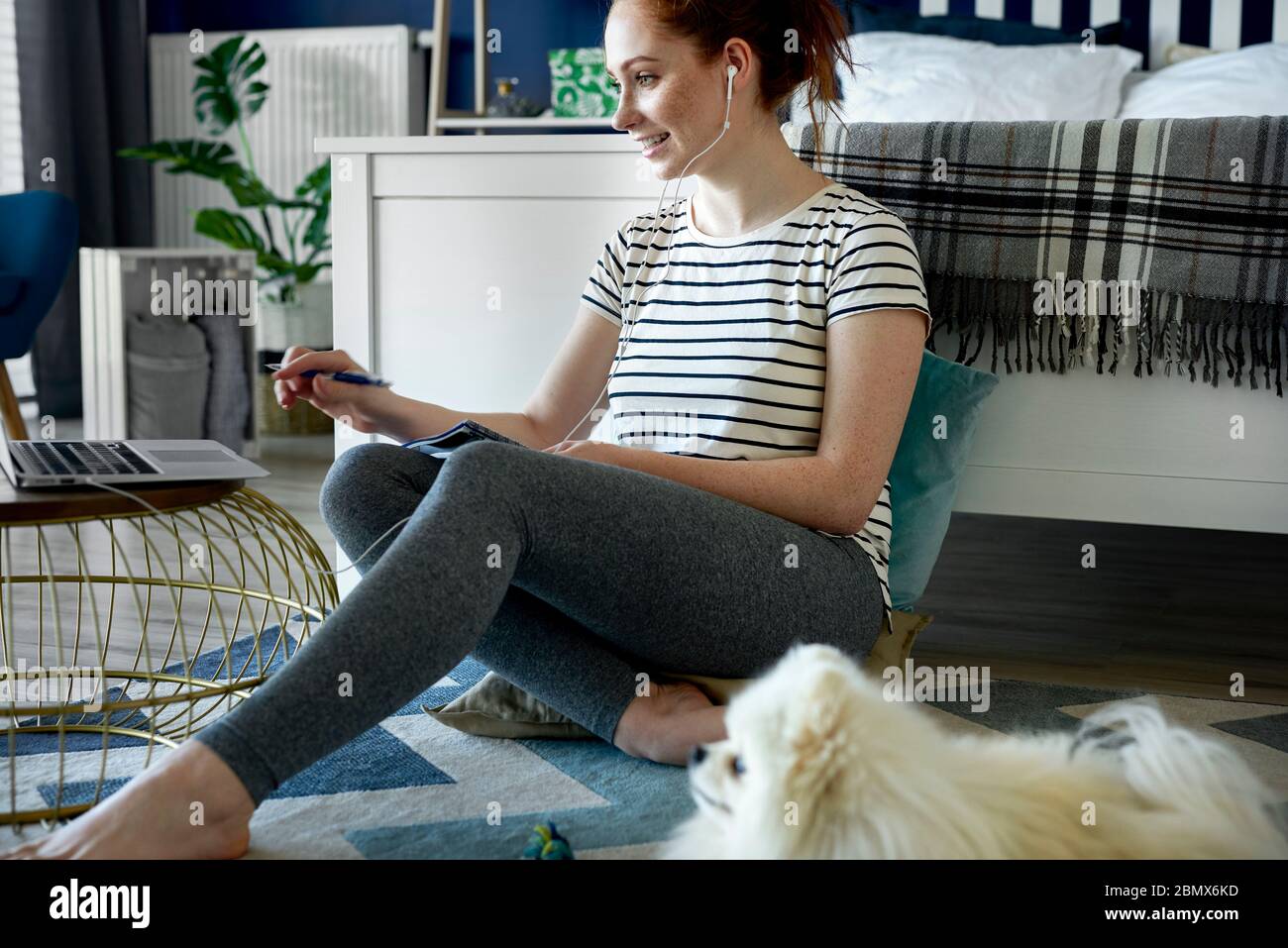 Woman sitting living room floor working from home using laptop hi-res ...