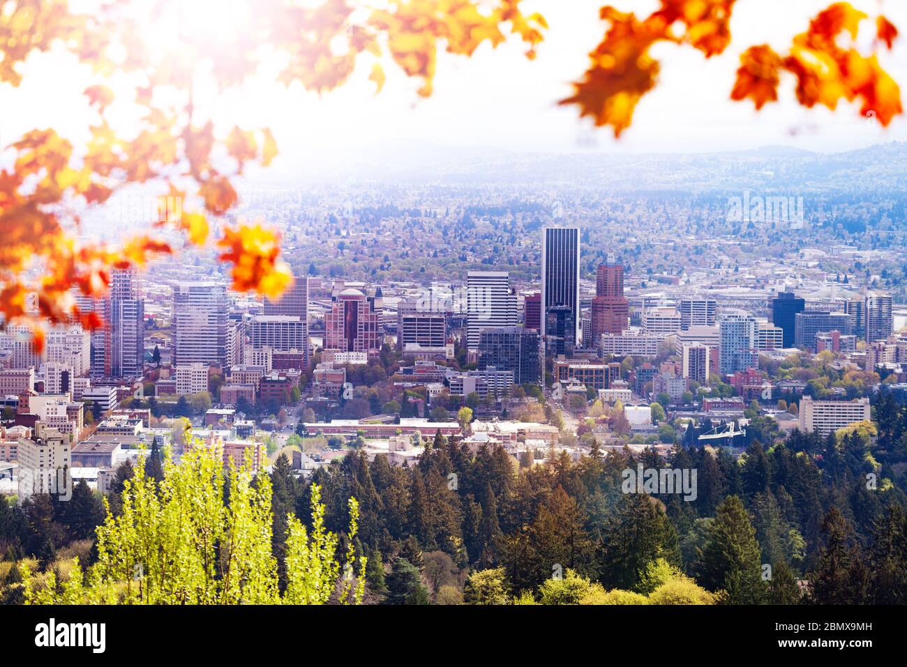 Autumn view panorama of Portland from Pittock Mansion hill, Oregon, USA ...