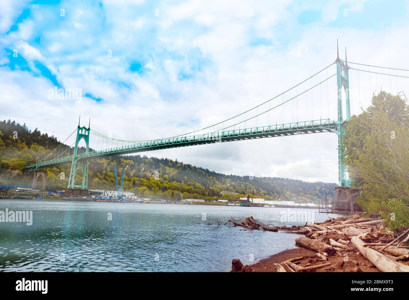 Willamette river and St. Johns Bridge in Portland the steel suspension ...