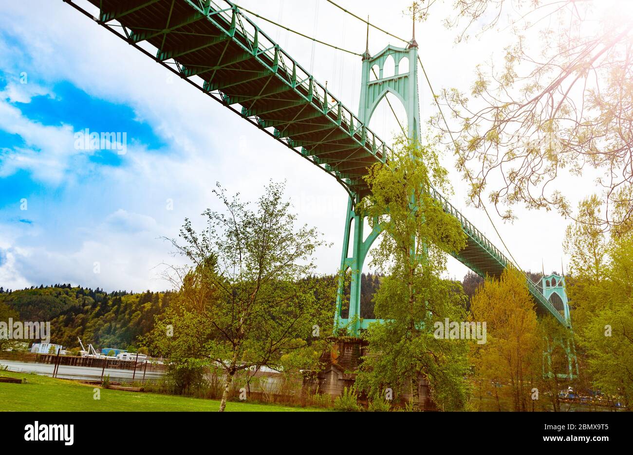 St. Johns Bridge, highest in Portland view from park below, Oregon USA ...