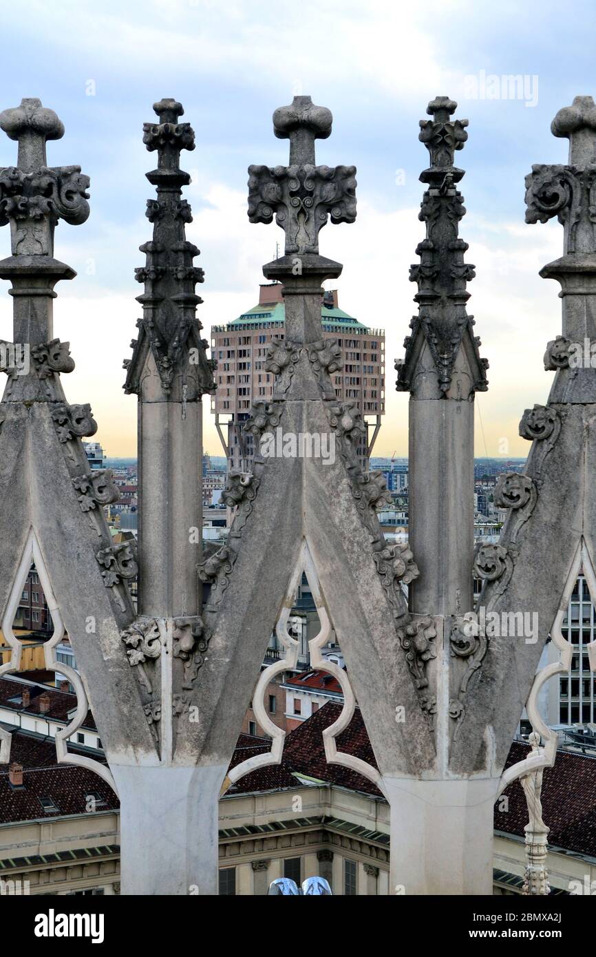Milan 2015, a detail of the gothic decoration on the roof top terrace ...
