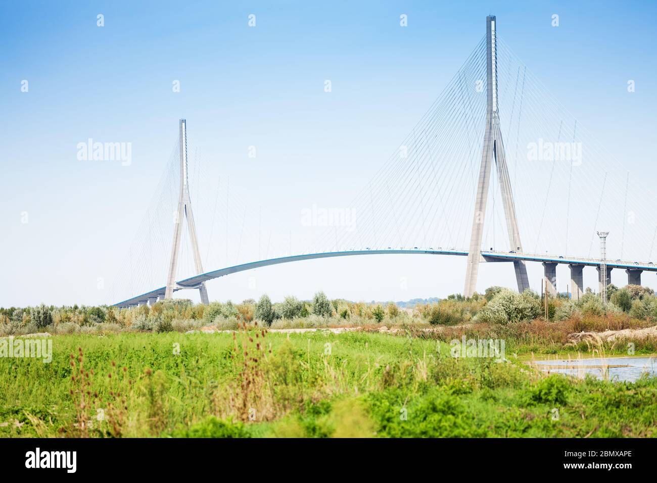 View of the Pont de Normandie over Seine river delta on the west of ...