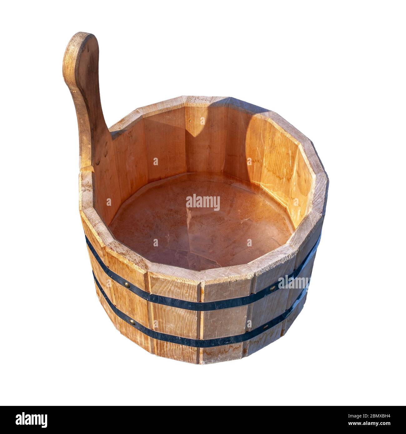 Wooden tub with ice inside isolated on a white background. Iron ...