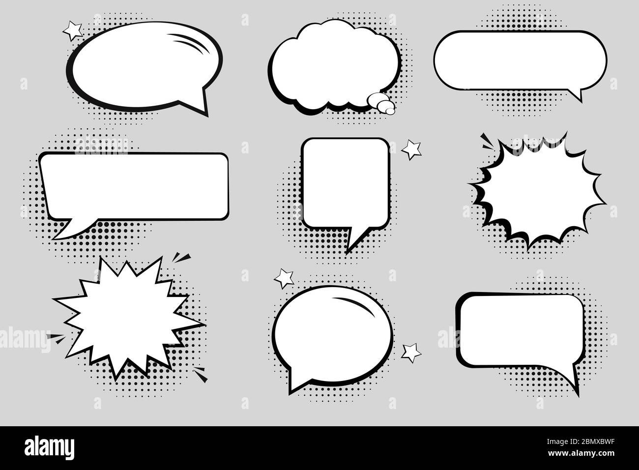 Retro empty comic bubbles and elements set with black halftone shadows ...