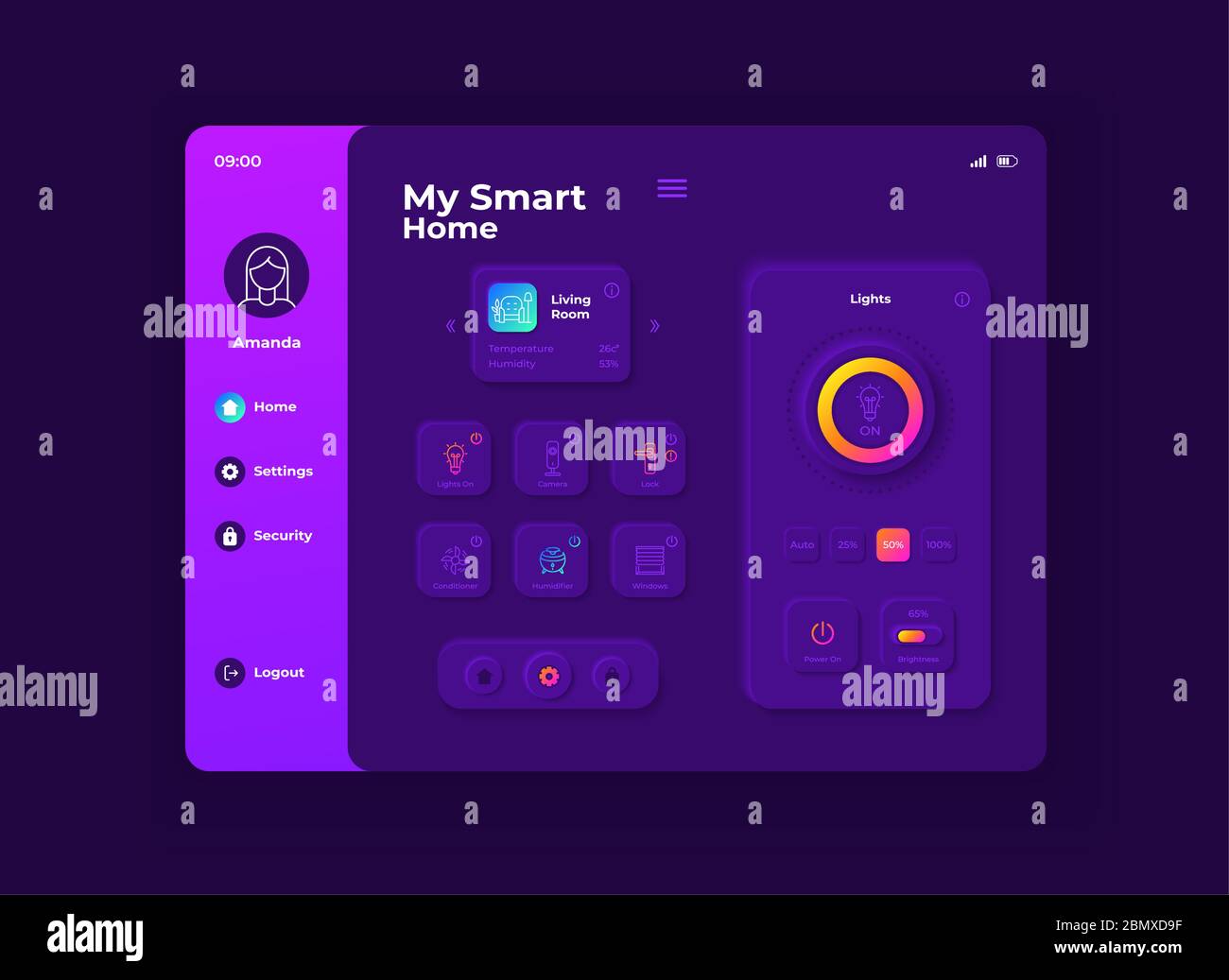 My smart home tablet interface vector template. Mobile app page night ...