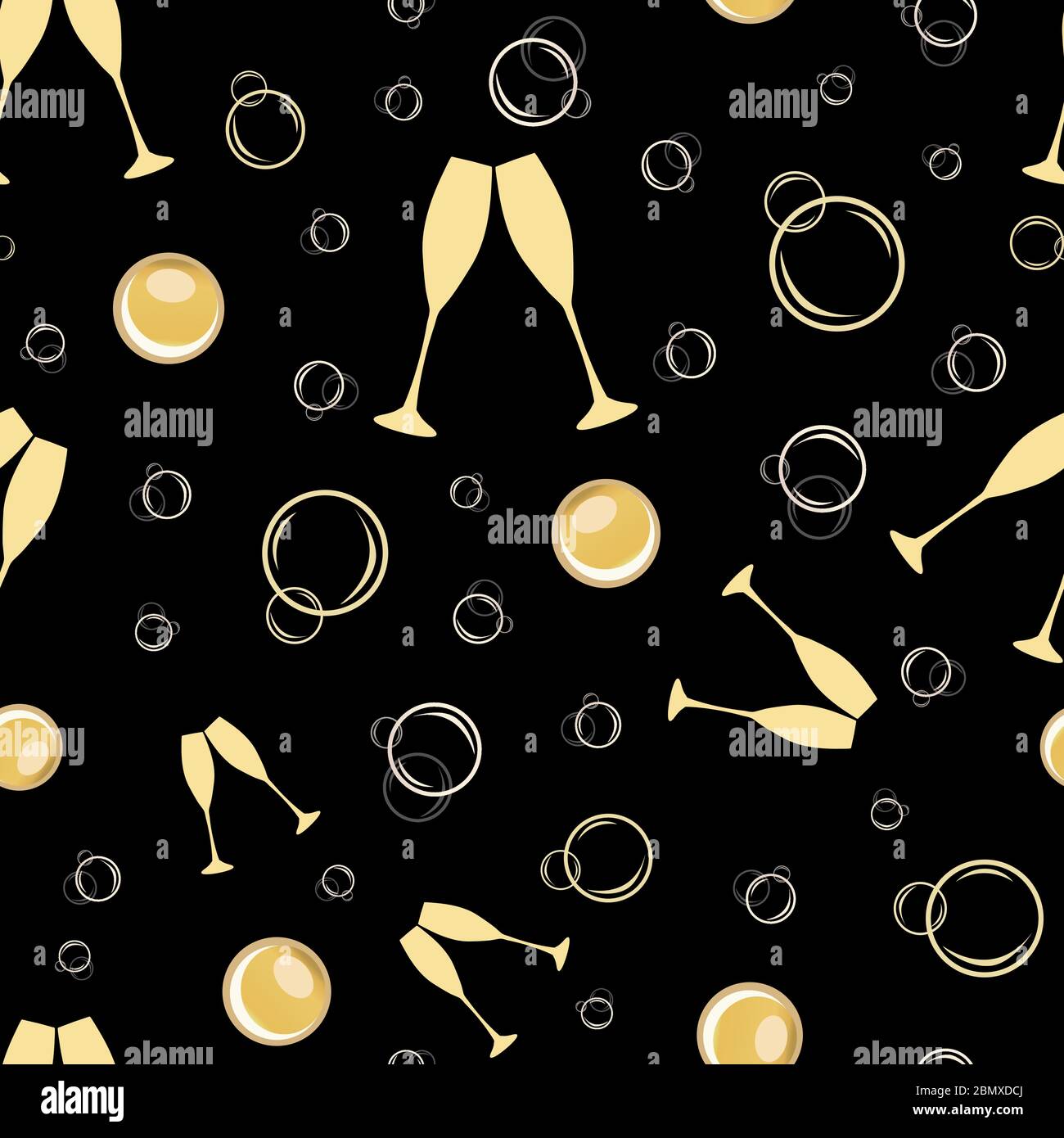 Champagne bubbles vector seamless pattern background. Hand drawn glasses, fizzy drink gold black ...