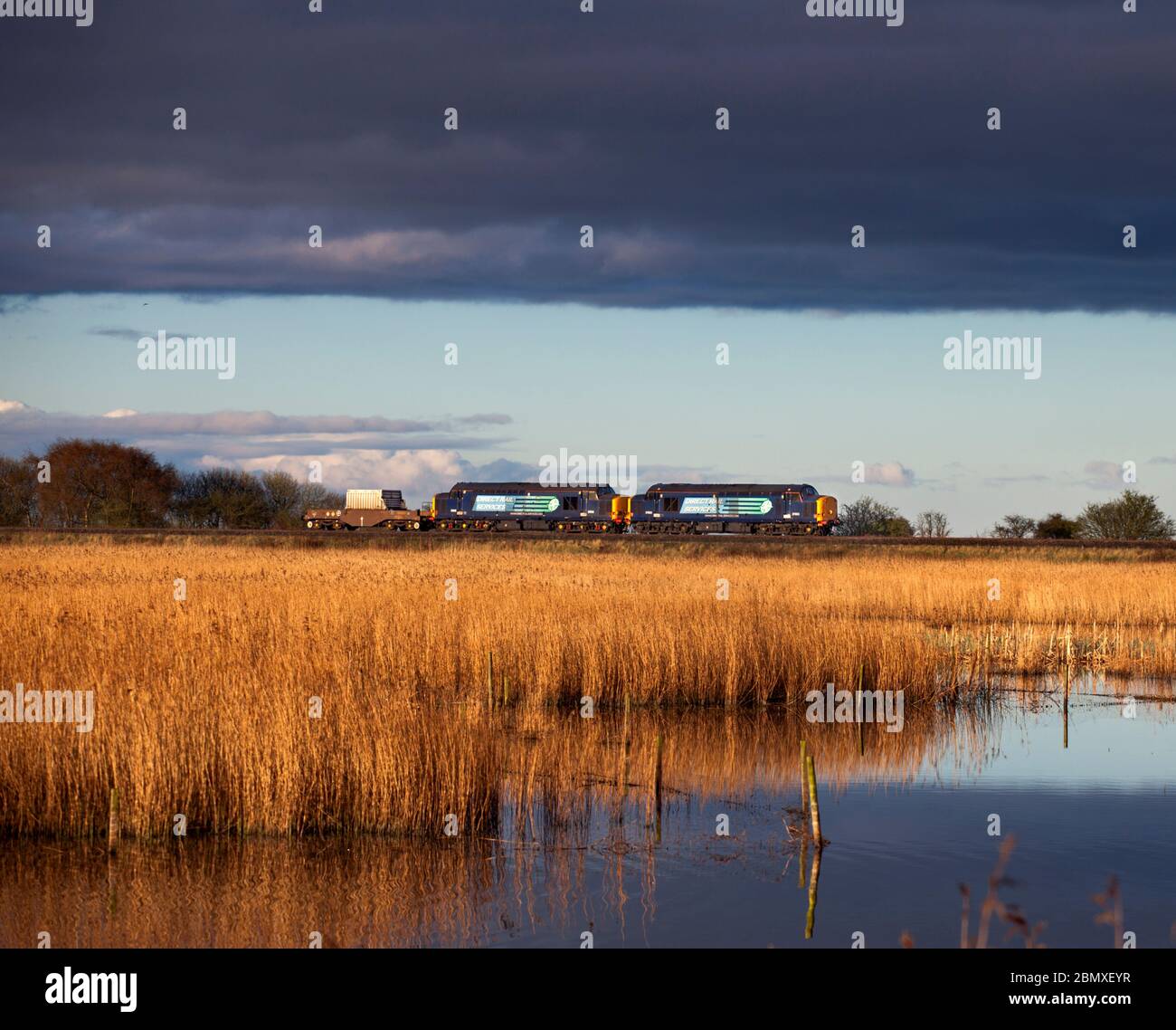 2 Direct Rail Services class 37 locomotives 37603 + 37612 pass Leighton ...