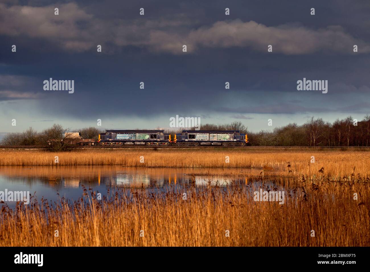 2 Direct Rail Services class 37 locomotives 37603 + 37612 pass Leighton ...