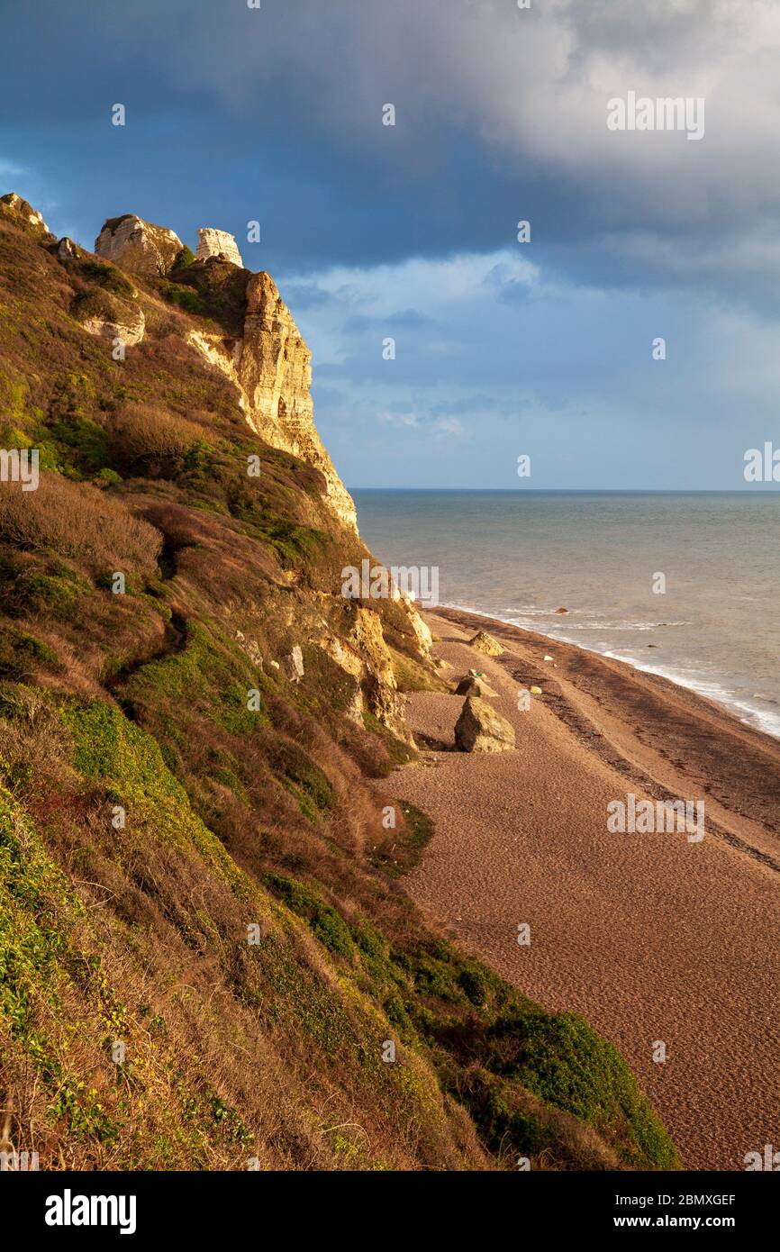 Hooken landslip and beach on the Jurassic Coast in the late afternoon ...