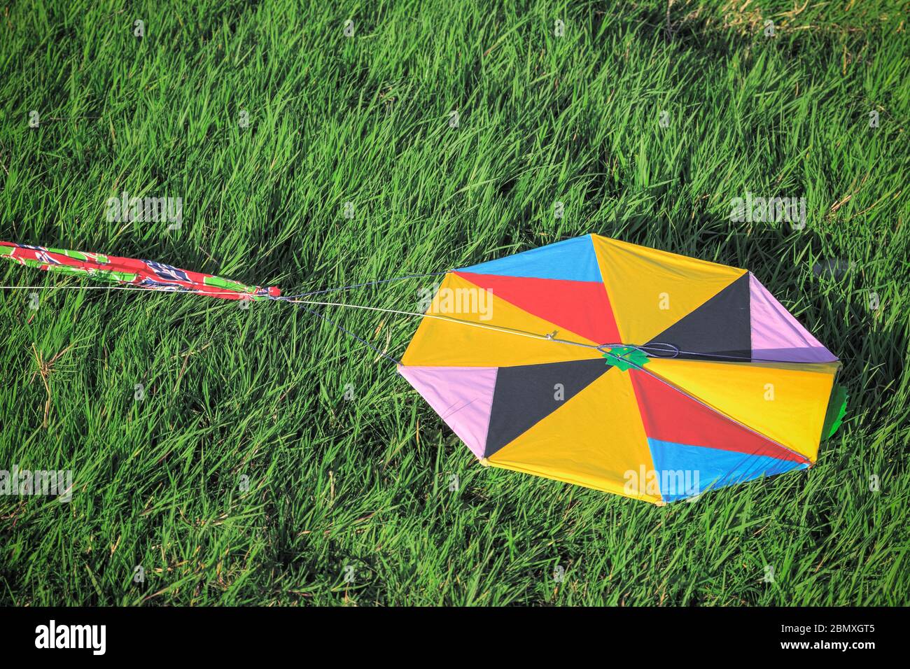 Fallen colourful kite on grass for concept use Stock Photo - Alamy