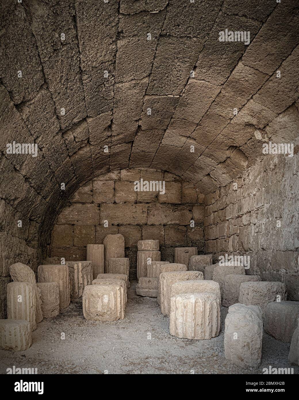 A storage vault in the Lindos Acropolis on the Greek island of Rhodes ...