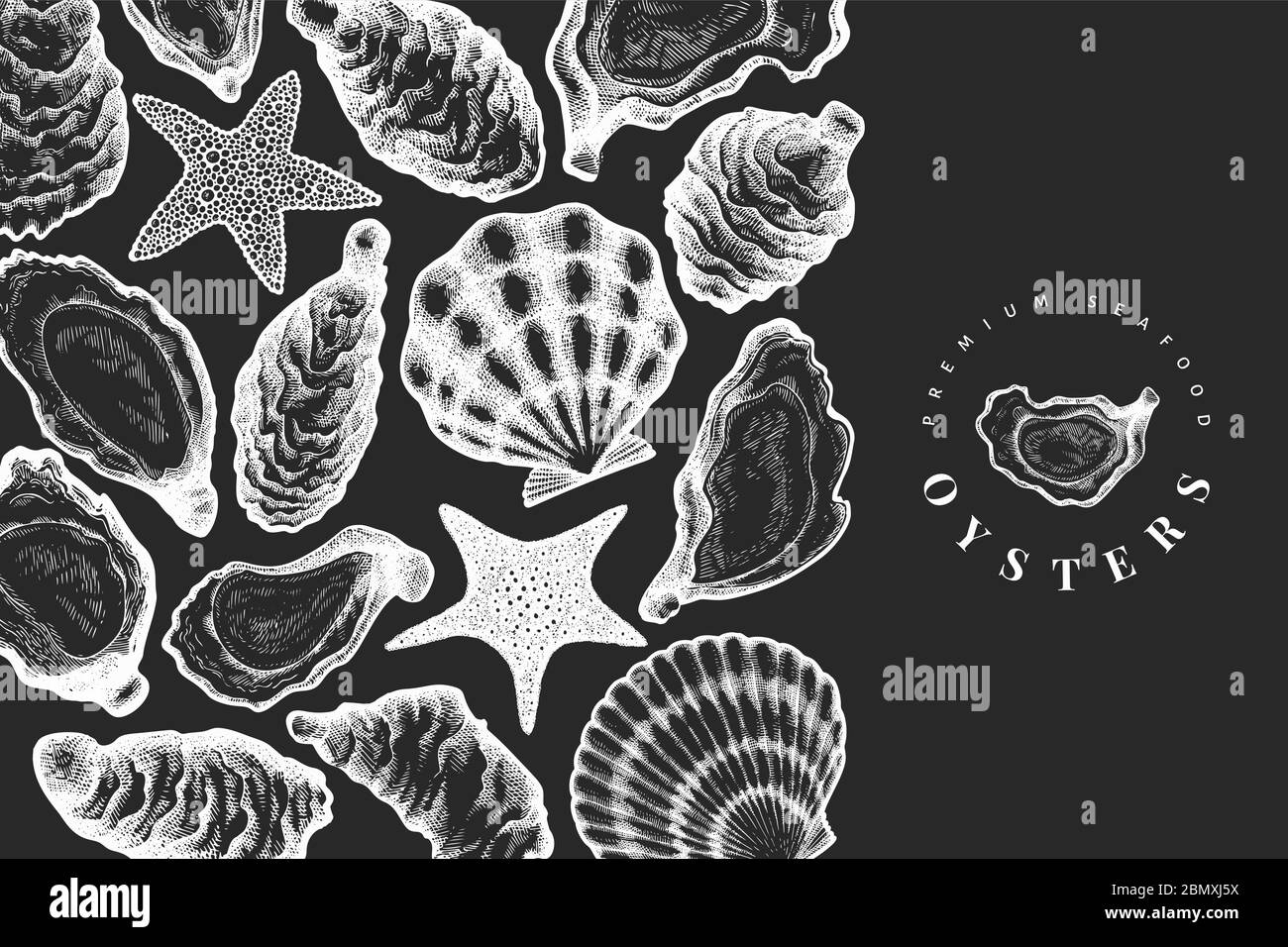Oysters design template. Hand drawn vector illustration on chalk board ...