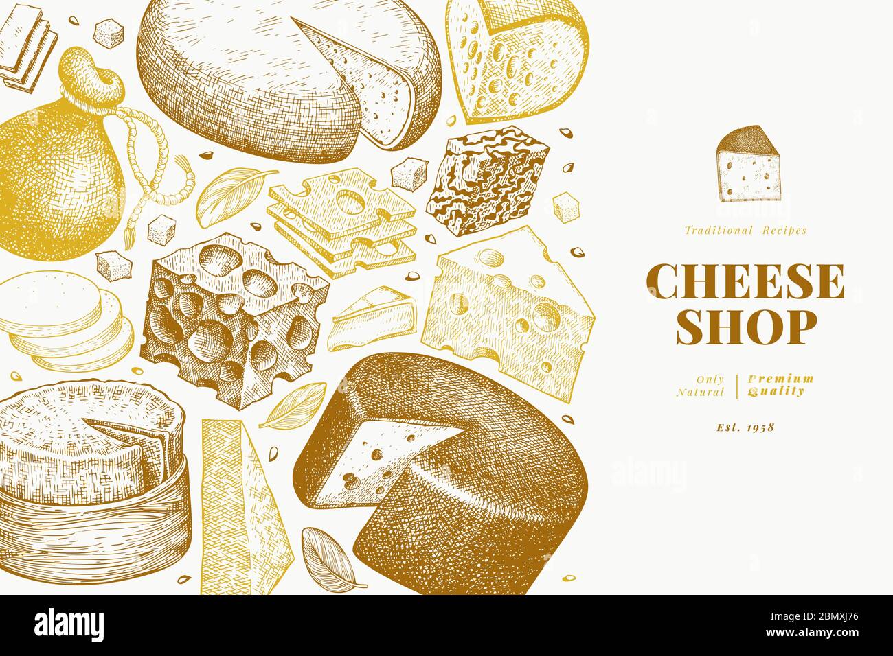 Cheese design template. Hand drawn vector dairy illustration. Engraved ...