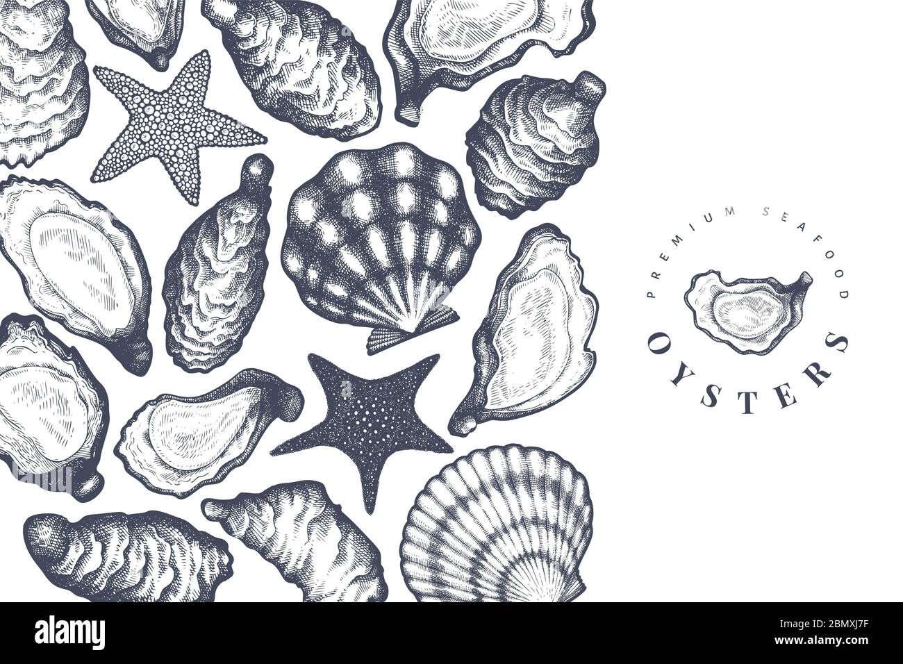 Oysters design template. Hand drawn vector illustration. Seafood banner ...
