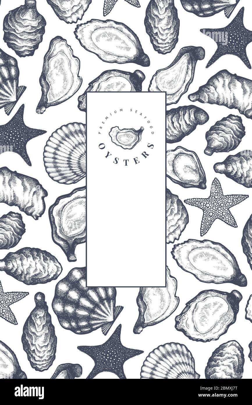 Oysters design template. Hand drawn vector illustration. Seafood banner ...