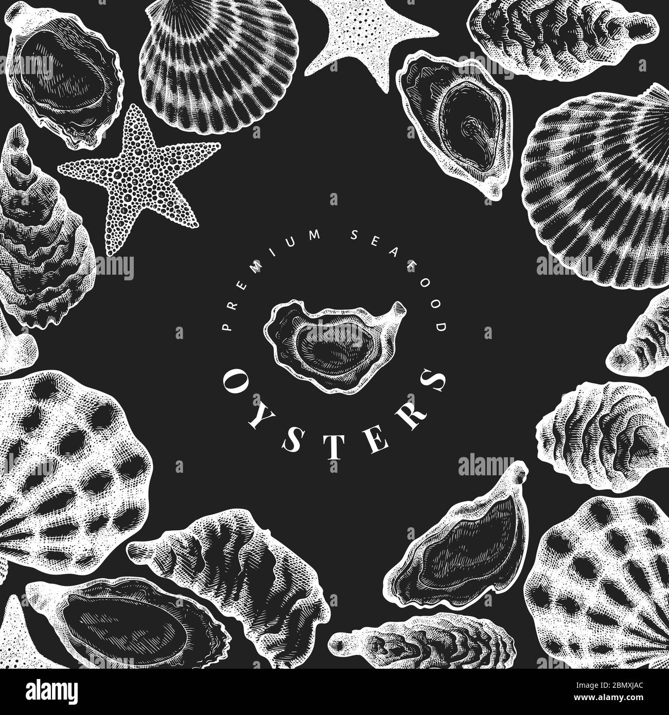 Oysters design template. Hand drawn vector illustration on chalk board ...