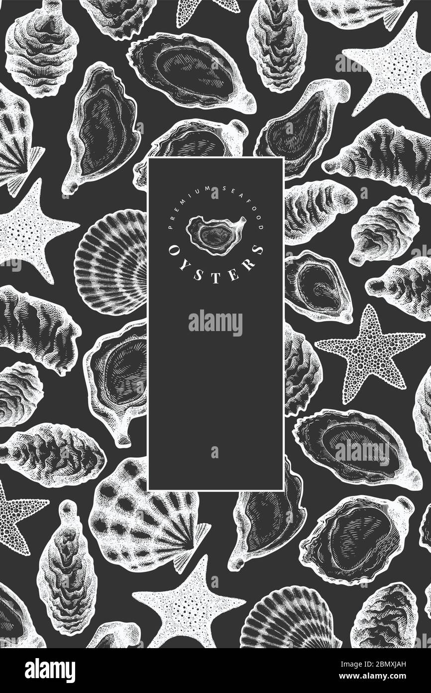 Oysters design template. Hand drawn vector illustration on chalk board ...