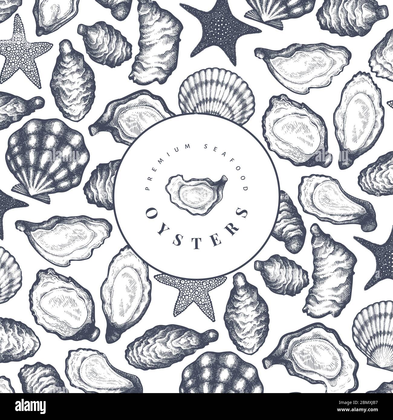Oysters design template. Hand drawn vector illustration. Seafood banner ...